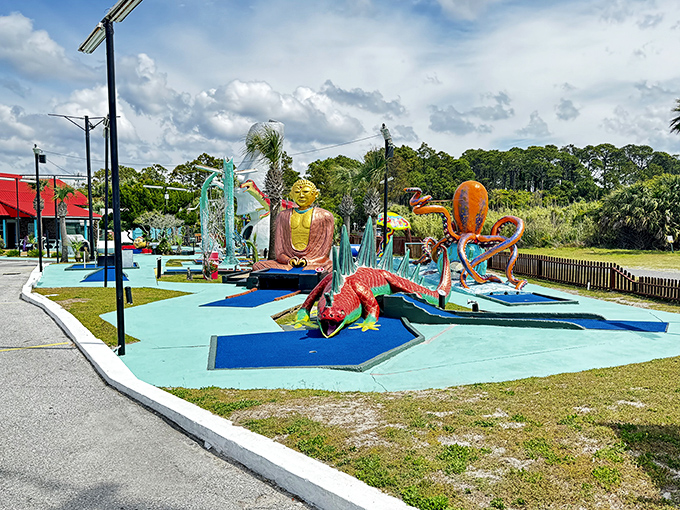 Twilight transforms Goofy Golf into a magical kingdom where dinosaurs roam and palm trees sway against the Florida sky. Mini-golf nostalgia at its finest!