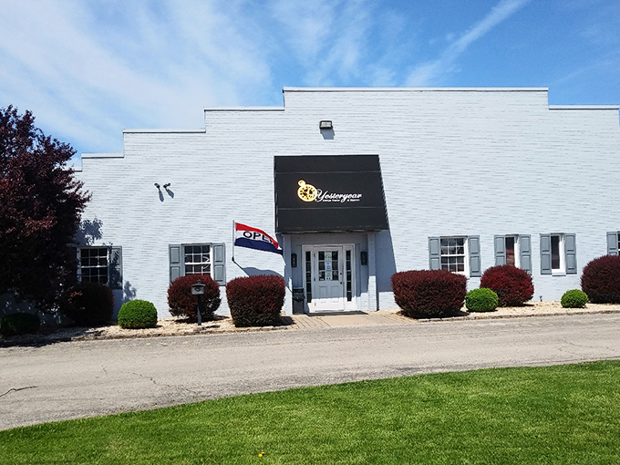 The unassuming white brick exterior of Yesteryear Antique Center—proof that you should never judge a treasure chest by its cover.
