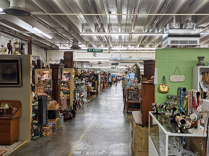 Endless aisles of vintage treasures and unique collectibles await you as you explore this massive, light-filled antique shopping destination.
