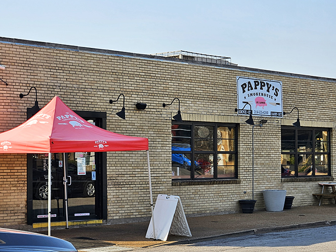 The unassuming brick exterior of Pappy's Smokehouse—proof that the best barbecue joints don't need fancy facades, just smoke signals that say "get in here now."