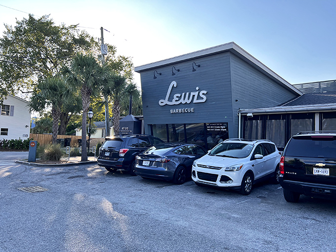The blue facade of Lewis Barbecue glows at dusk like a beacon calling hungry souls to barbecue paradise. Texas meets Charleston in this architectural handshake.