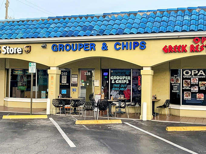 The blue-tiled roof of Grouper & Chips stands out like a seafood beacon in this unassuming strip mall. Florida's hidden treasures rarely advertise themselves so boldly.