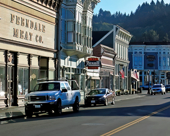 Ferndale's Repertory Theatre banners hang proudly on Main Street, inviting you into a world where Victorian charm meets small-town hospitality.