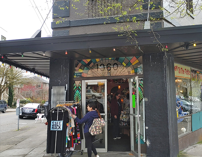 The stained-glass transom window above Magpie's entrance isn't just decoration&mdash;it's a portal to decades past, beckoning vintage hunters with its rainbow promise.