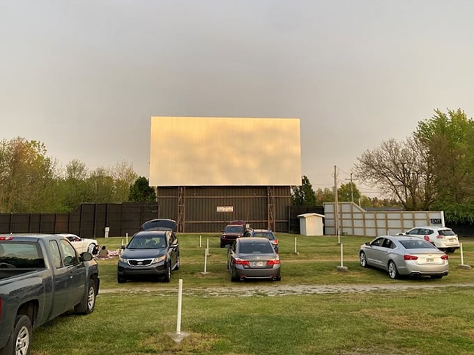 Cars lined up facing the massive white screen, where memories are made under Indiana skies. The perfect blend of nostalgia and modern movie magic.