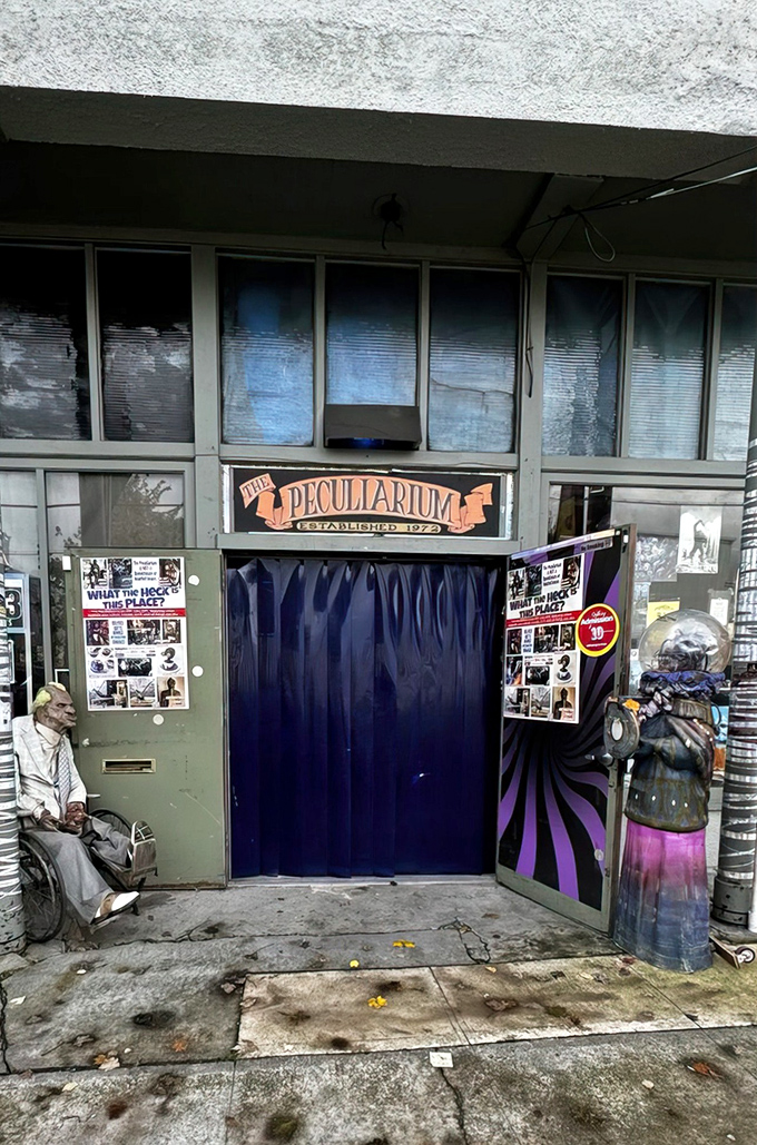 The entrance to wonderfully weird Portland awaits behind these blue strip curtains. Step through if you dare!