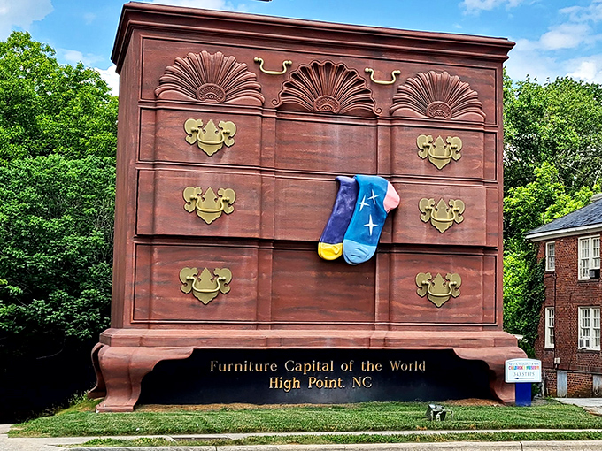 The World's Largest Chest of Drawers stands proudly in High Point, complete with gigantic blue socks that look ready for a cosmic slumber party.