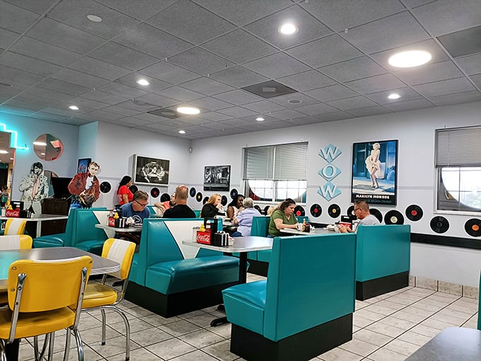 Booths filled with diners deep in breakfast bliss, surrounded by vinyl records and vintage memorabilia. The soundtrack to your morning is sizzling nearby.