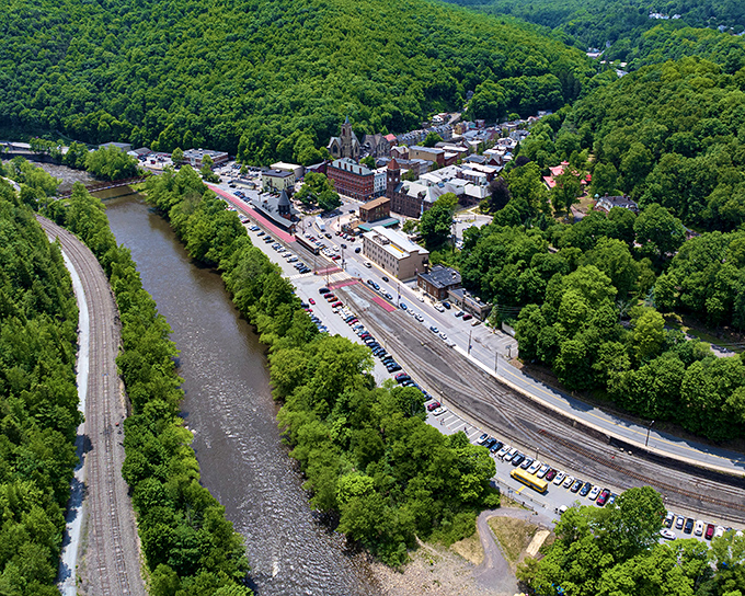 This bird's-eye view reveals Jim Thorpe's perfect positioning between river and mountains, a tiny Victorian jewel box set in Pennsylvania's natural crown.
