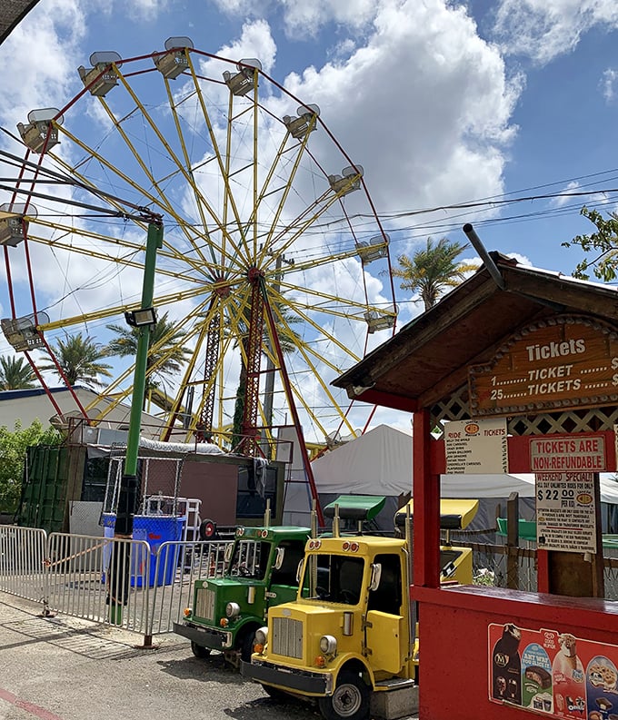 Ferris wheel dreams against Florida skies. Nothing says "I'm having more fun than my friends back home" quite like carnival rides at a flea market.
