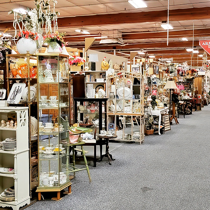 Delicate teacups and crystal stemware await new homes, each shelf a carefully arranged tableau of entertaining history spanning generations.