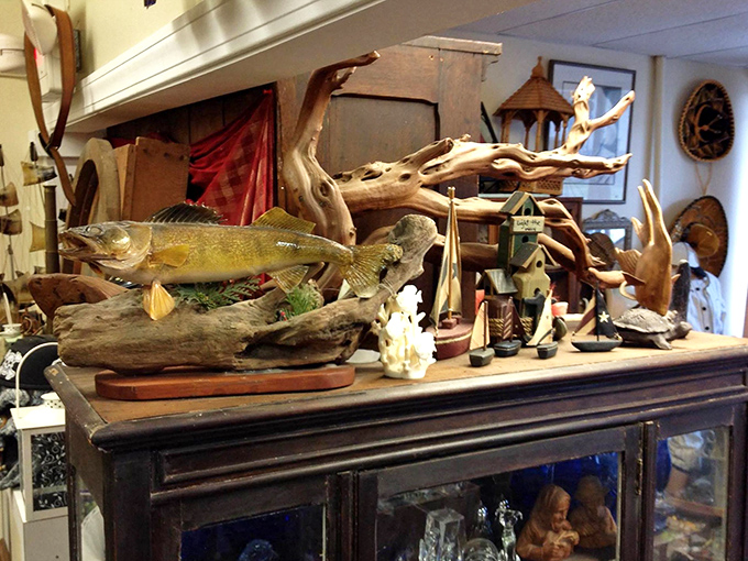 Nature meets craftsmanship in this outdoorsman's dream display. That mounted walleye has been telling fish stories for decades.