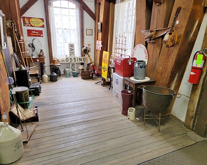 The architectural bones of the old mill create the perfect backdrop for hunting treasures. History houses history here.