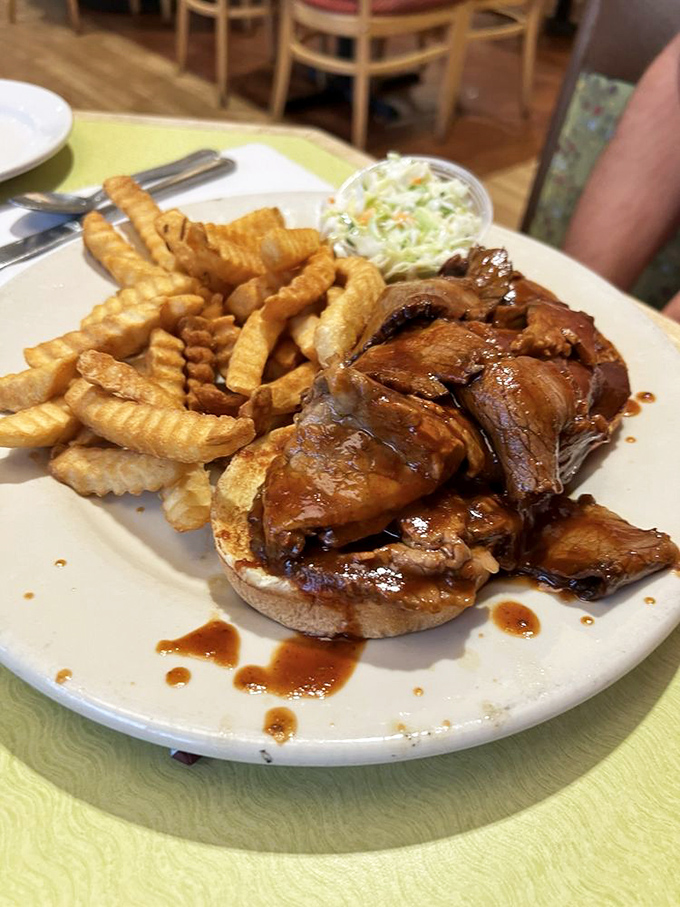 BBQ brisket sandwich with crispy fries &ndash; the kind of lunch that makes afternoon meetings completely forgettable by comparison.