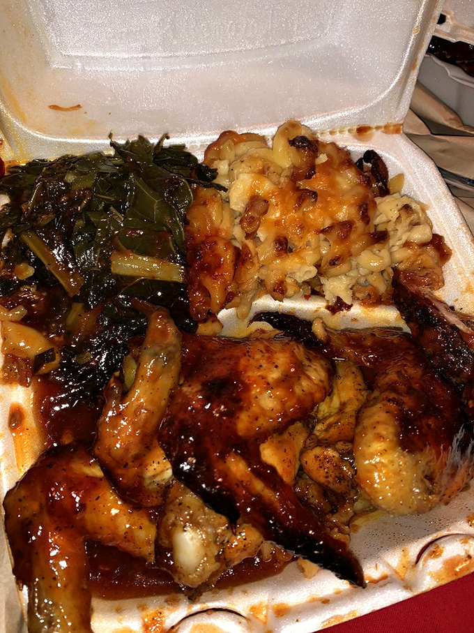 A holy trinity of barbecue chicken, collard greens, and mac and cheese. If this were my last meal, I'd die happy.