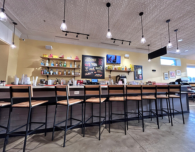 Bar seating: where breakfast solo artists can watch the morning symphony of sizzling, flipping, and pouring unfold before their very eyes.