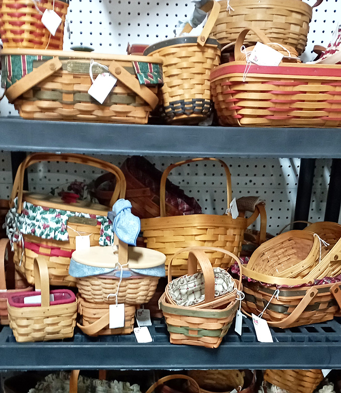 Baskets upon baskets upon baskets. Somewhere, Little Red Riding Hood is wondering where all her grandmother's picnic gear disappeared to.