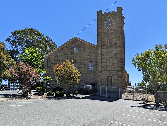 The Arsenal's clock tower stands sentinel over Benicia, a stone timekeeper that's witnessed the town's evolution from military outpost to artistic haven.