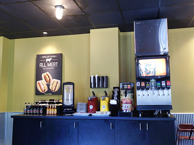 The unsung heroes of any great burger joint: the condiment station. Where ketchup dreams and soda aspirations come together in perfect harmony.