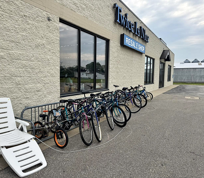 Outside, a lineup of pre-loved bicycles stands ready for new adventures, proving sustainable transportation doesn't require a Tesla budget.