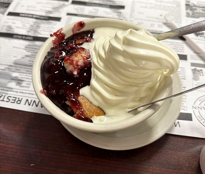 Berry cobbler meets ice cream in a bowl of pure joy. The battle between hot and cold creates the kind of tension that makes dessert an adventure.