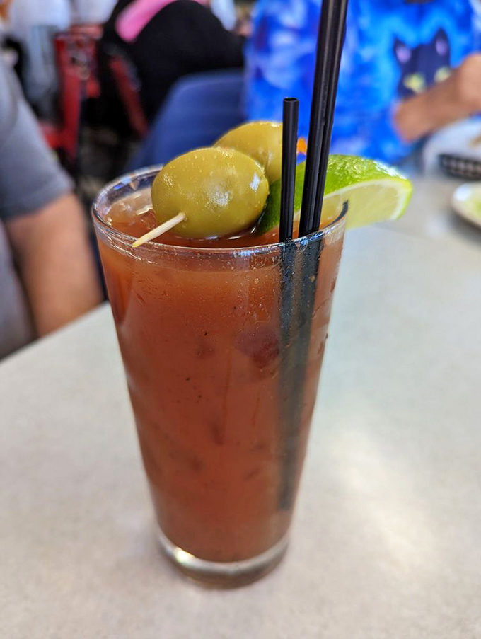 A Bloody Mary that's practically a meal unto itself. Those olives aren't garnish&mdash;they're companions on your flavor journey.
