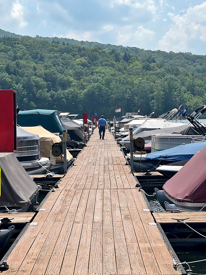 This boat dock opens the door to aquatic adventures on waters cleaner than most swimming pools.