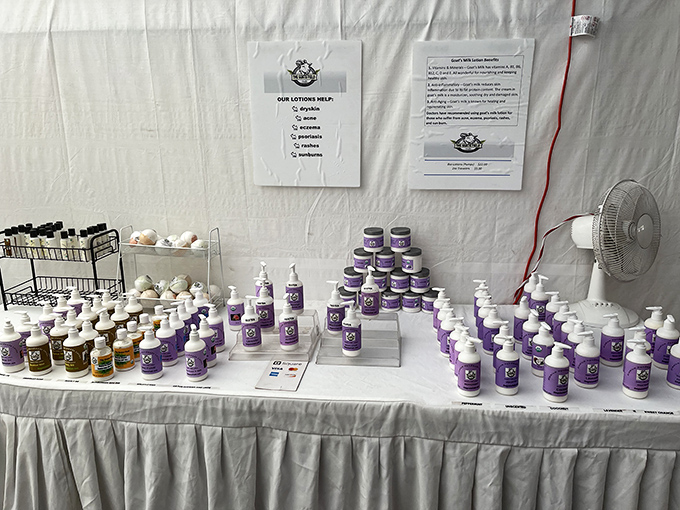 Lotions and potions lined up with military precision. This vendor takes skincare seriously in a climate that's notoriously harsh on epidermis.
