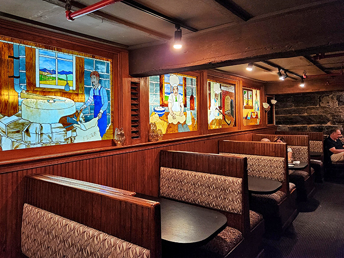These booths, flanked by stunning stained glass depicting the milling process, offer the perfect blend of privacy and people-watching opportunities.