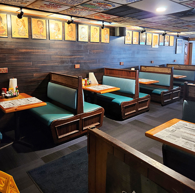 These booths have cradled more seafood enthusiasts than a fishing charter. The worn wood and turquoise vinyl tell tales of countless satisfied diners.