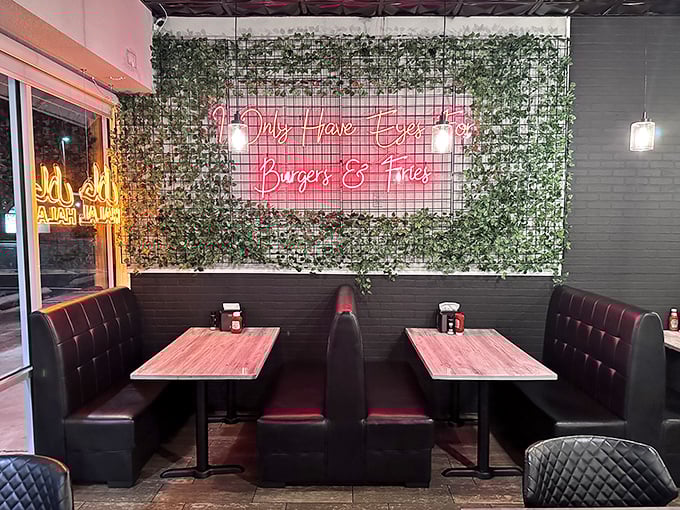 Talk about setting the mood! This diner's neon sign declares a love affair: "I Only Have Eyes for Burgers & Fries." A declaration we can all agree on!