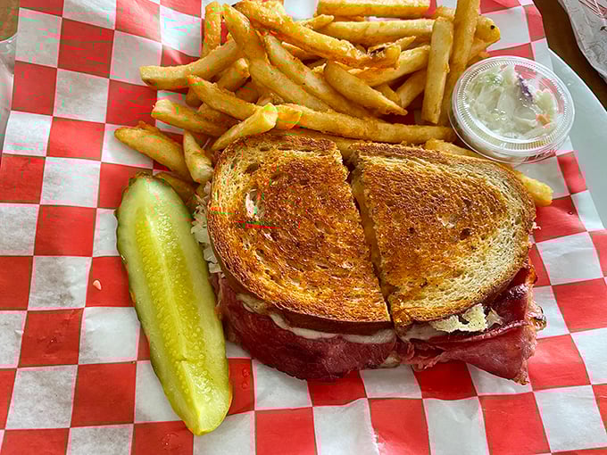 The sandwich that launched a thousand road trips. Perfect toast ratio, visible filling abundance, and that pickle&mdash;culinary supporting actor of the year.