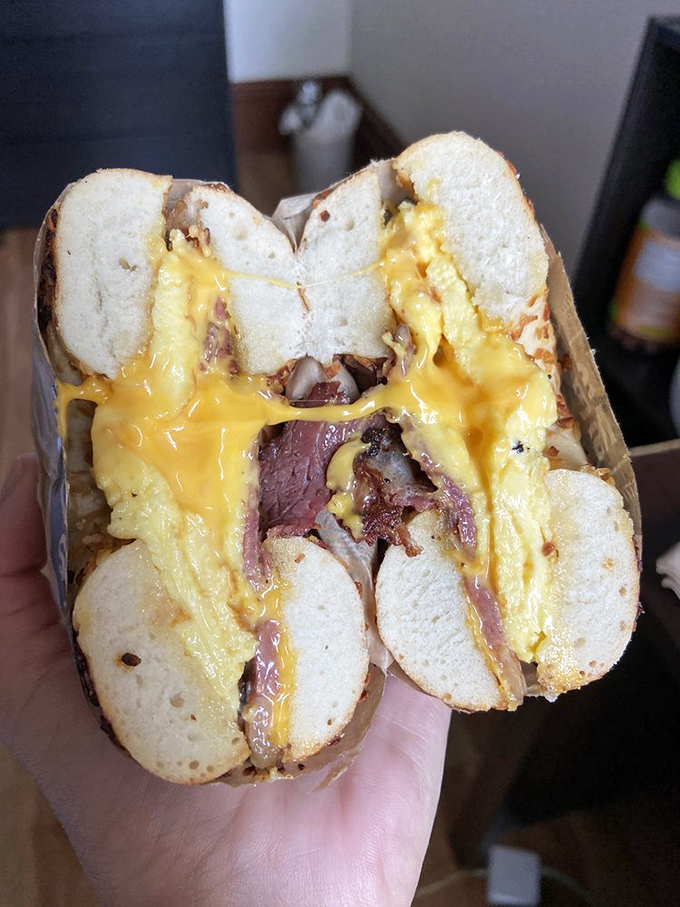 When breakfast meets deli magic &ndash; eggs and pastrami create a sandwich romance that puts ordinary breakfast to shame.