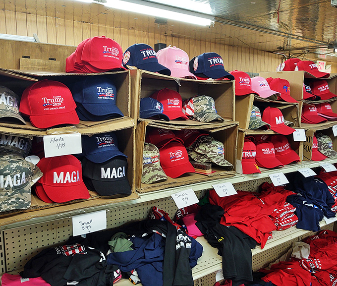 Political fashion makes its statement on these shelves. Whatever your leaning, there's something to be said for wearing your opinions on your head.