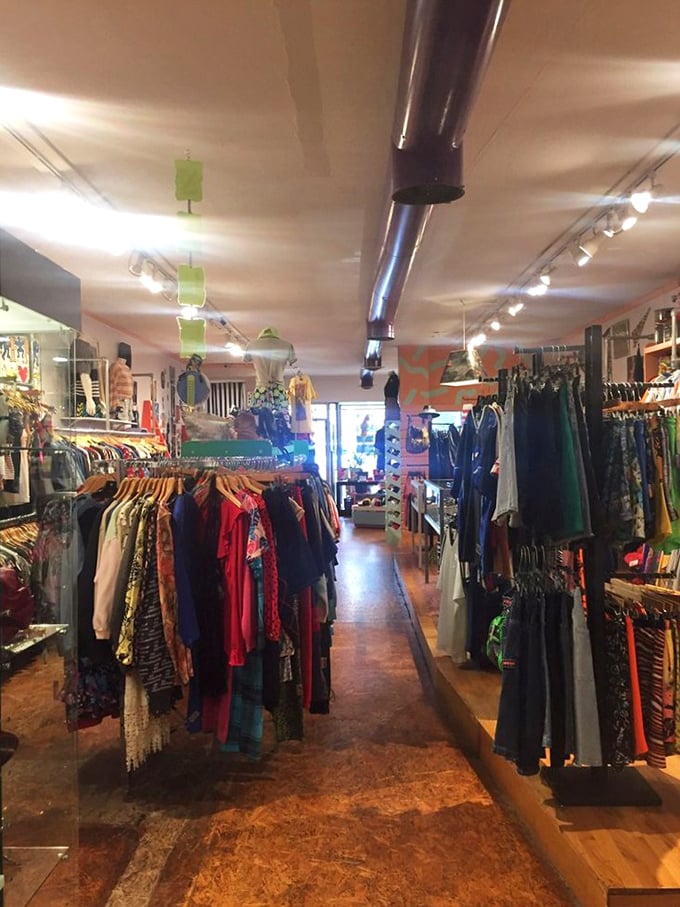 Walking this aisle feels like strolling through MTV's closet circa 1992. Every hanger holds potential for fashion resurrection or Halloween perfection.