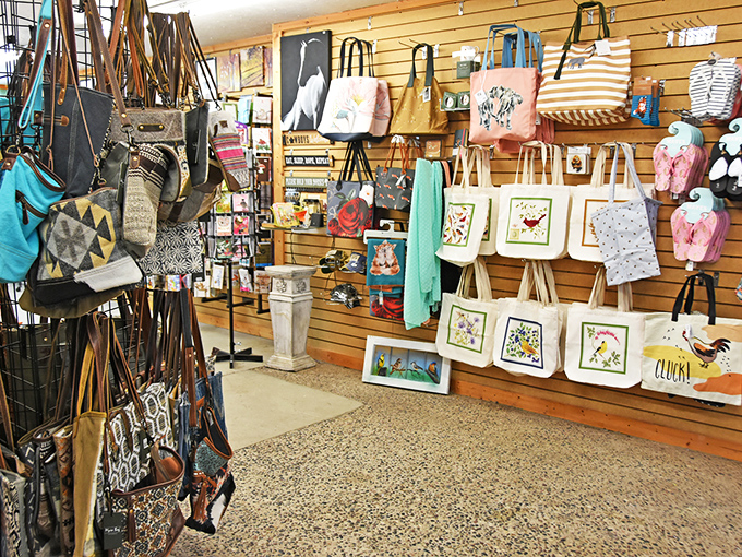 Tote bags showcase Midwest-inspired designs with unironic enthusiasm. That rooster bag isn't just farm-chic&mdash;it's a conversation starter for your next grocery run.