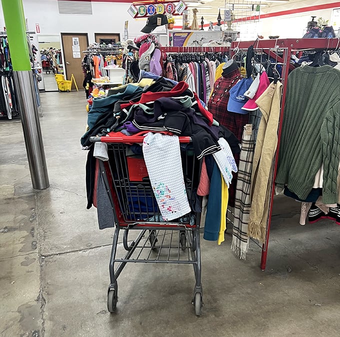 Shopping carts overflow with the spoils of successful treasure hunting expeditions through thrift paradise.
