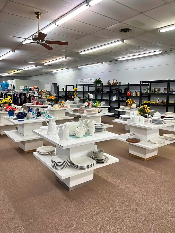 White display tables showcase an impressive collection of dishware&mdash;perfect for those who've broken one too many plates or need service for unexpected guests.