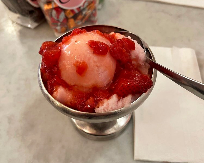 Strawberry sorbet that looks like it's blushing from all the attention. One spoonful and you'll understand why.