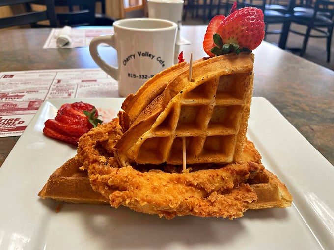 The chicken and waffle alliance continues to prove that unexpected food combinations can create the most satisfying culinary treaties. Sweet, savory, and structurally sound.