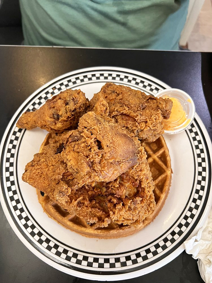 Chicken and waffles: the breakfast-lunch love story we all need. Crispy, golden fried chicken atop a waffle &ndash; it's comfort food poetry on a plate.