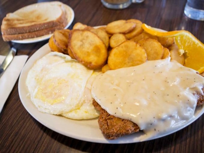 Country-fried steak smothered in gravy that would make your grandmother both jealous and proud. Those home fries are no afterthought either.