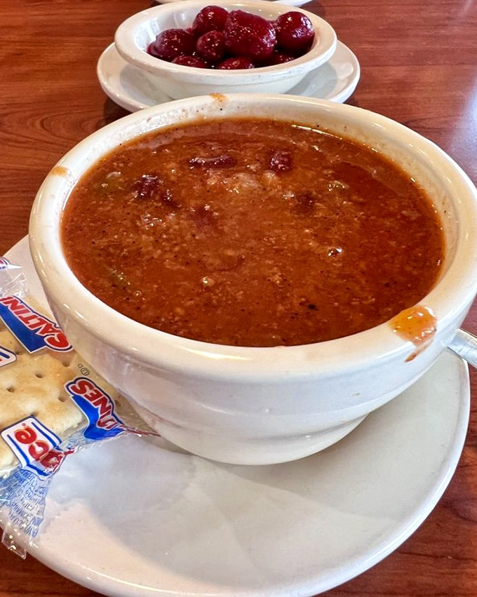 A bowl of chili that looks like it's been simmering since the Roosevelt administration&mdash;the good kind of time travel in every spoonful.