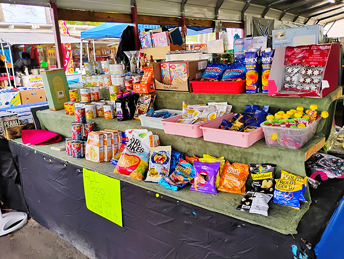 The snack booth offers a United Nations of processed foods &ndash; because serious treasure hunting requires serious caloric intake.