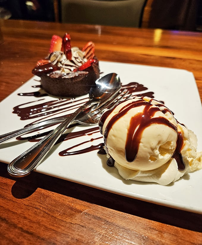 Chocolate lava cake meets vanilla ice cream in a dessert liaison that's worth saving room for, no matter how many oysters you devoured.