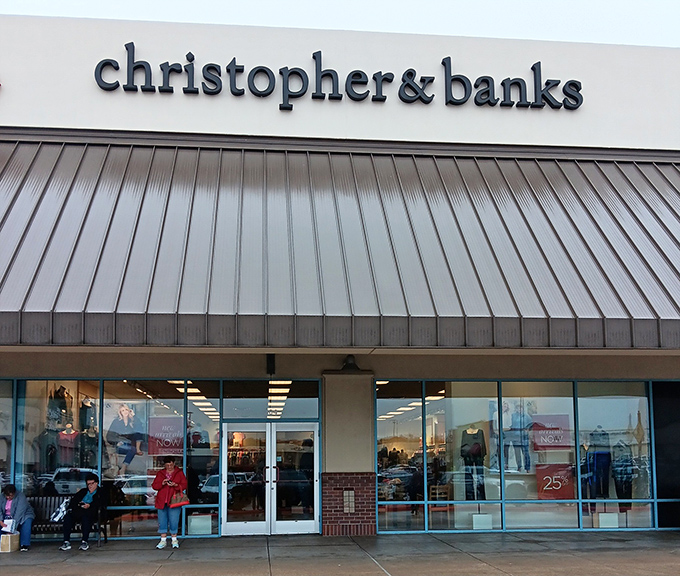 Christopher & Banks offers classic styles for the discerning shopper. The bench outside thoughtfully accommodates those who've reached their shopping threshold.