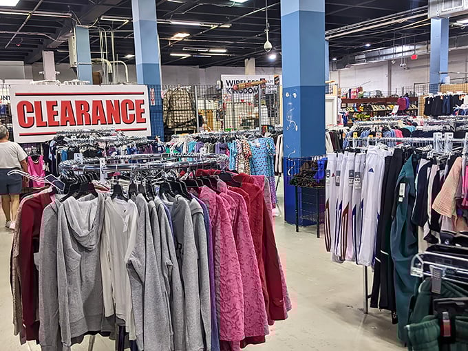 Clearance racks as far as the eye can see! The thrill of the hunt is finding that perfect shirt hiding between two questionable fashion choices.