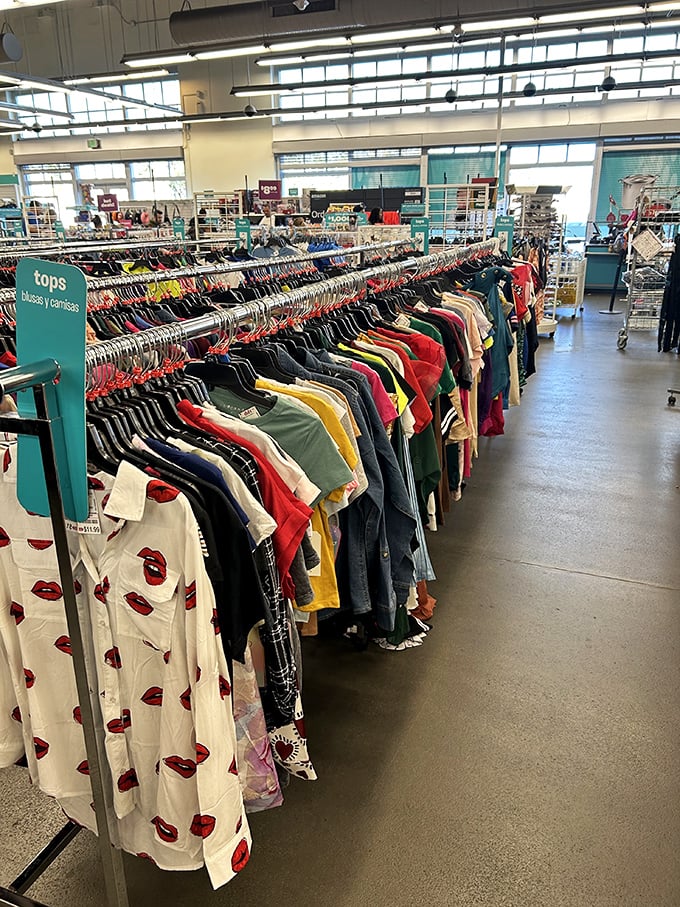 The tops section resembles a rainbow of possibilities, with that lip-printed blouse practically begging to become your next conversation starter.
