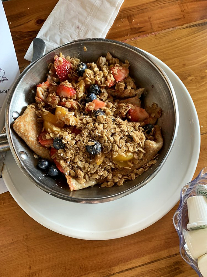 Fresh berries and granola transform these crepes into something between breakfast and treasure chest. Healthy-adjacent at its most delicious.