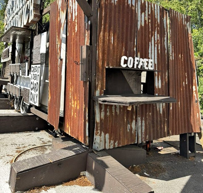 The coffee window - where morning dreams come true through a rustic opening in corrugated metal that somehow makes the coffee taste even better.
